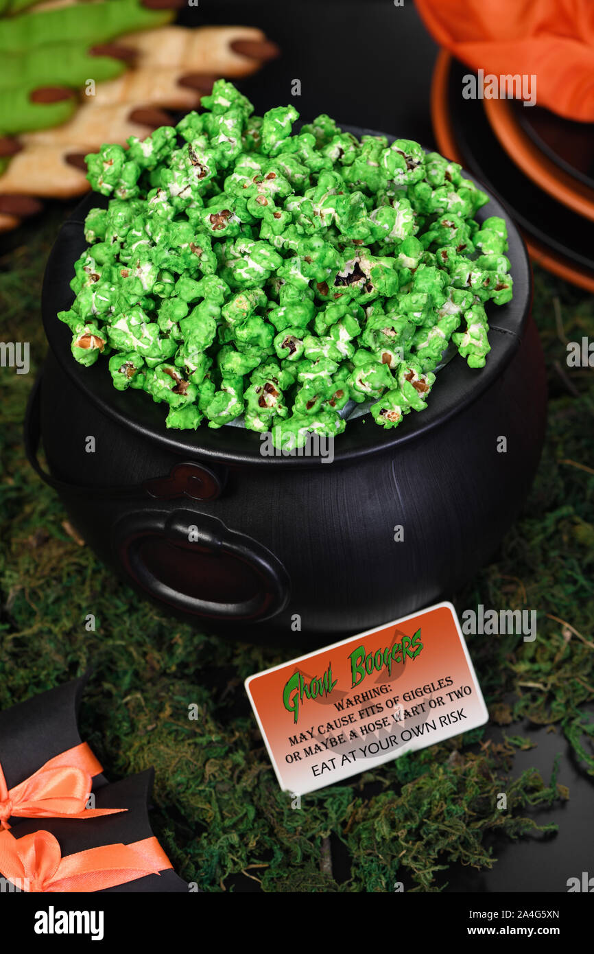 Cauldron green sweet popcorn for ghouls and zombies. Halloween treat ...