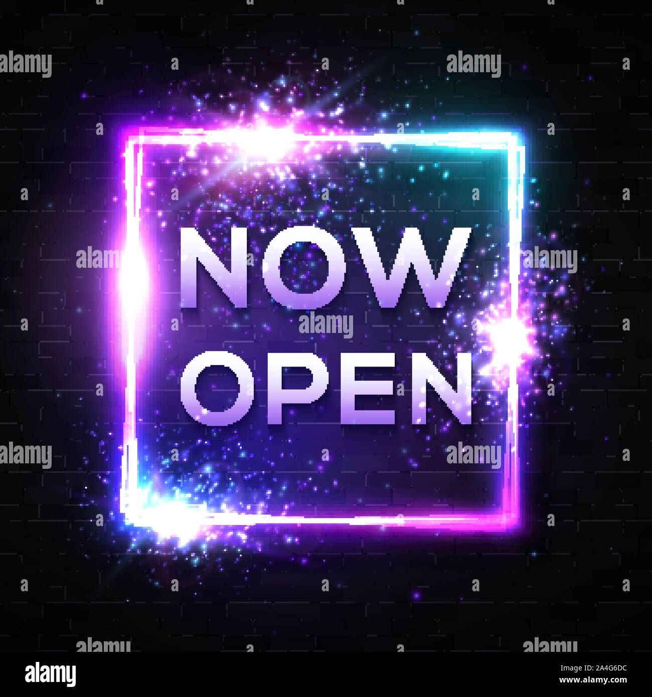 Now Open square neon sign on black brick wall Stock Vector Image & Art ...