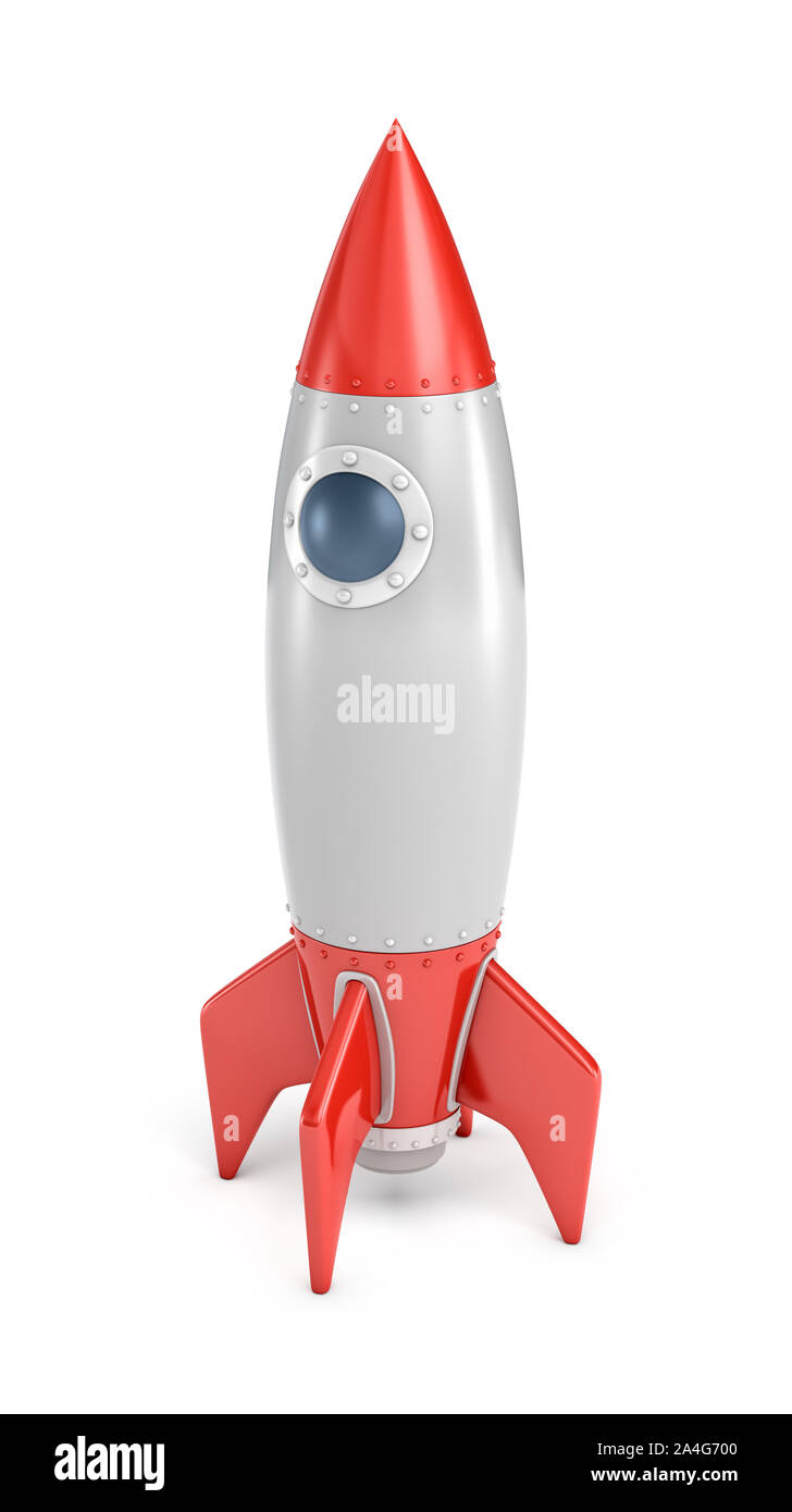 3d rendering of a silver and red rocket ship with a round porthole ...