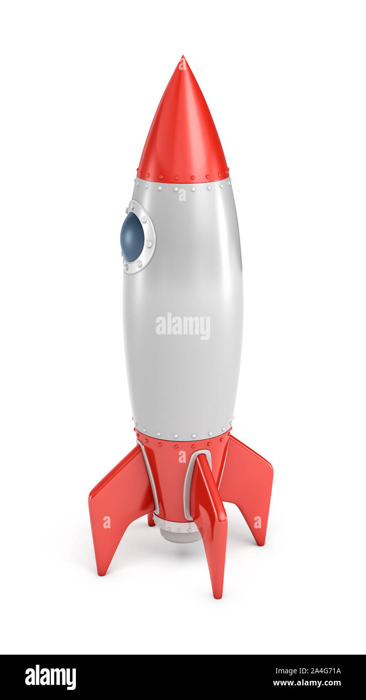 3d rendering of a single silver and red rocket ship with a round ...