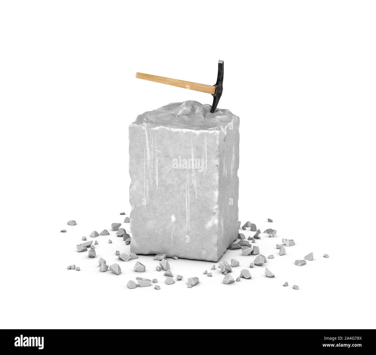 3d rendering of a big rectangular block of gray rock, its chips and a ...