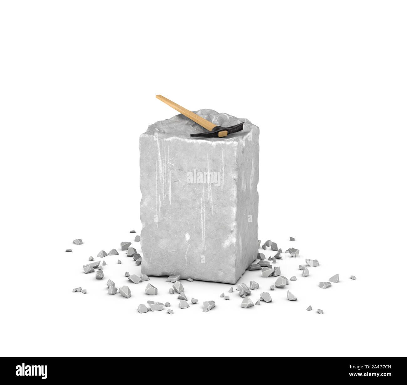 3d rendering of a big rectangular block of gray rock, its chips and a ...