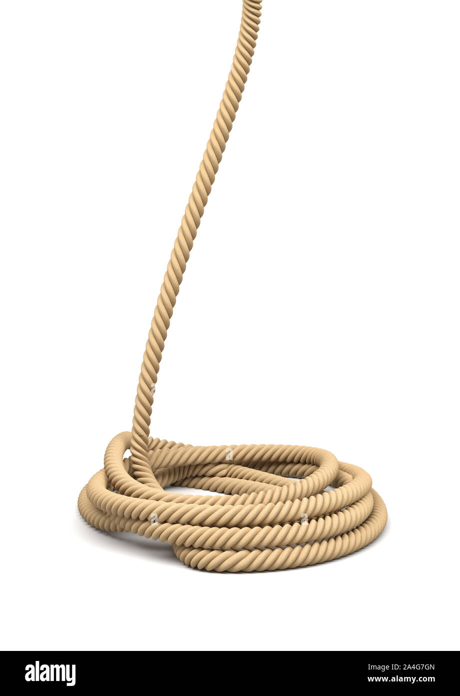3d rendering of a single natural rope lying in a round coil with one ...