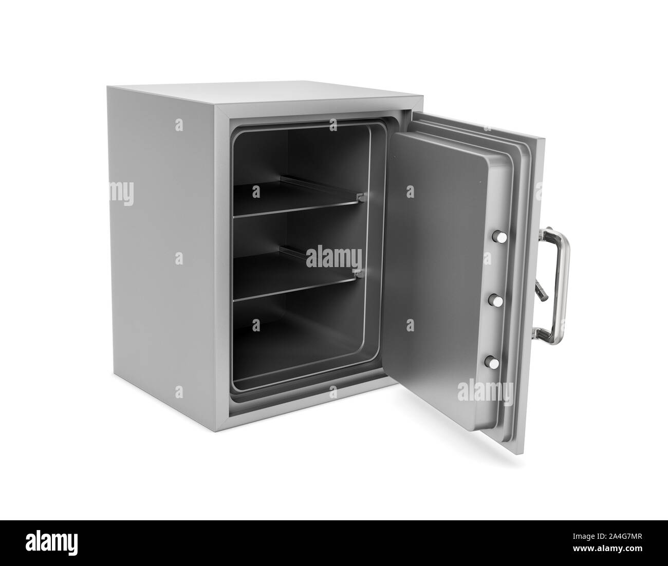 3D rendering of an open safe with its door broken open isolated on the ...