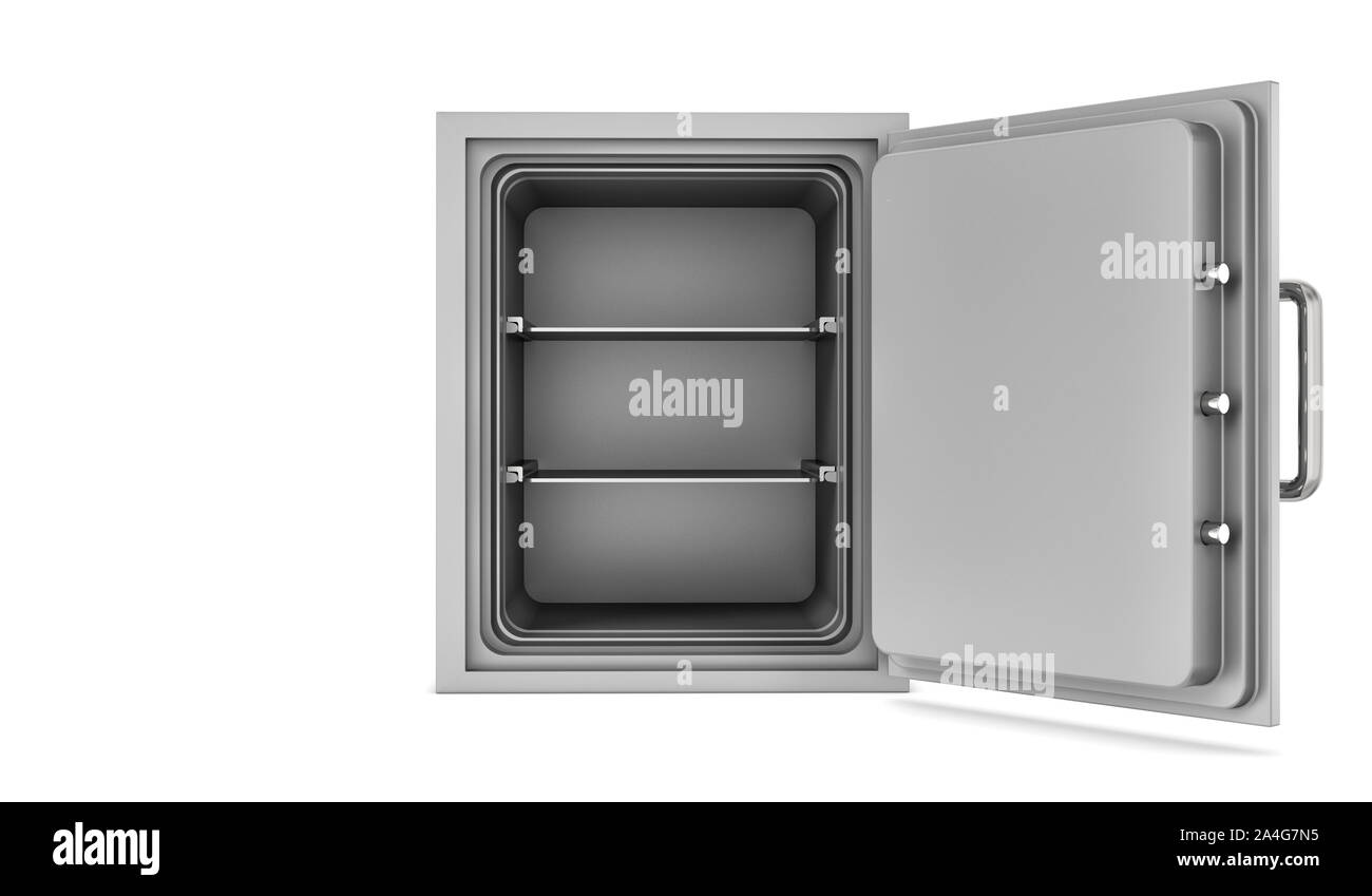 3d rendering of opened empty steel safe box placed in front of a viewer ...