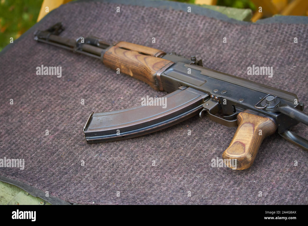 Close up of a Kalashnikov assault rifle at a shooting range stand in an ...