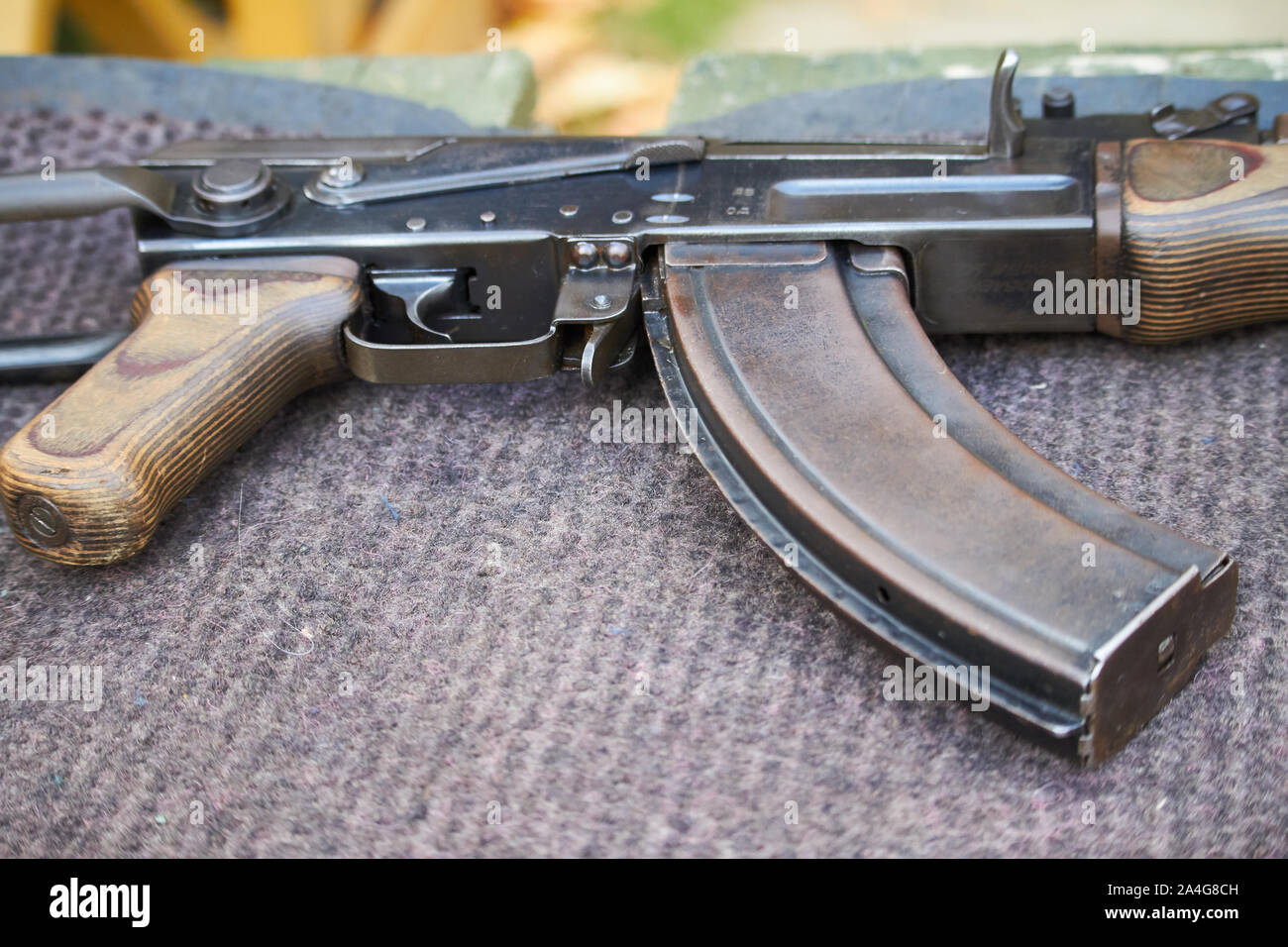 Close up of a Kalashnikov assault rifle at a shooting range stand in an ...
