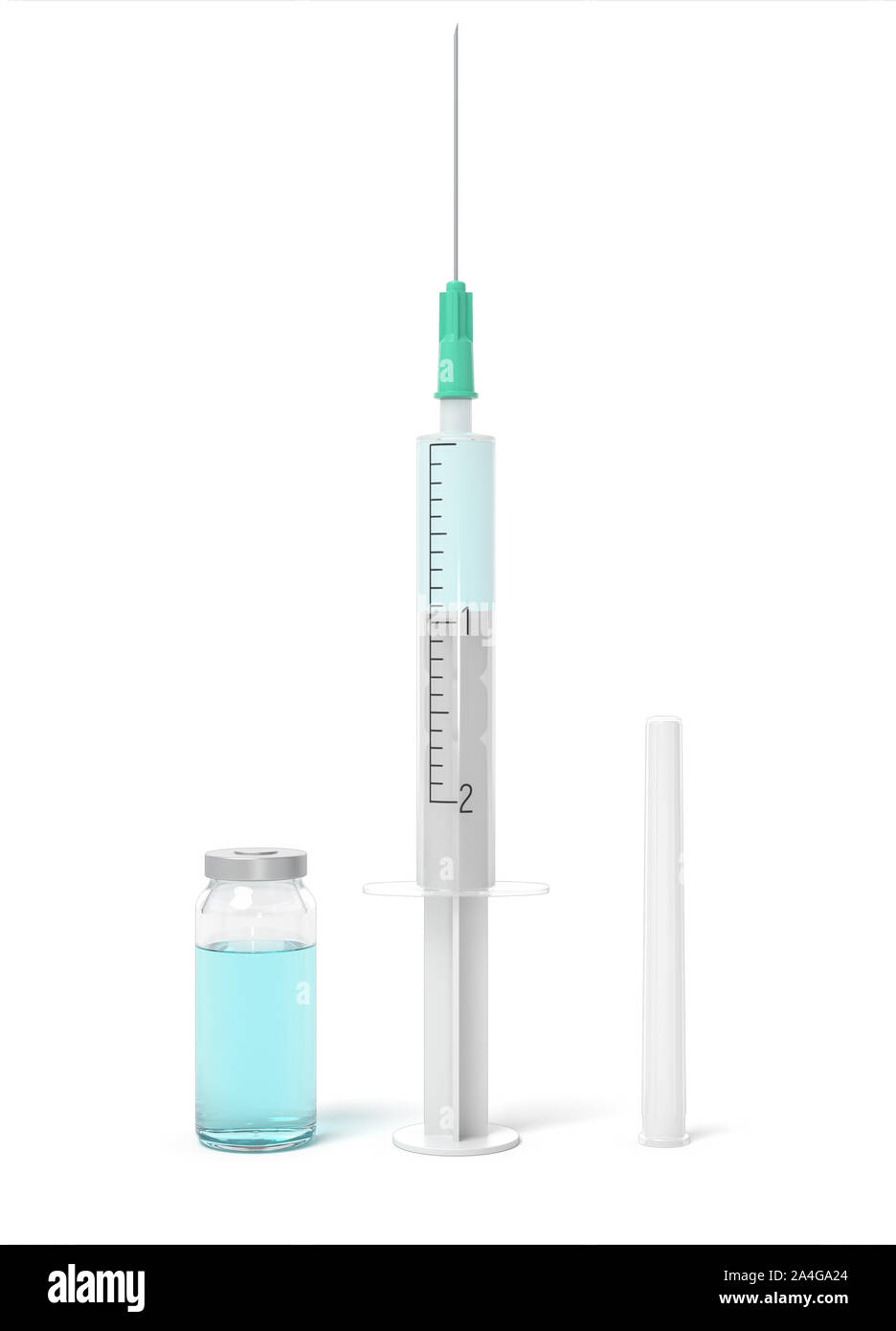3d rendering of a dram glass vial and a syringe with blue liquid inside ...