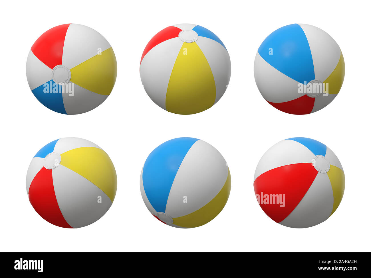 3d rendering of many identical inflated beach balls with white, red ...