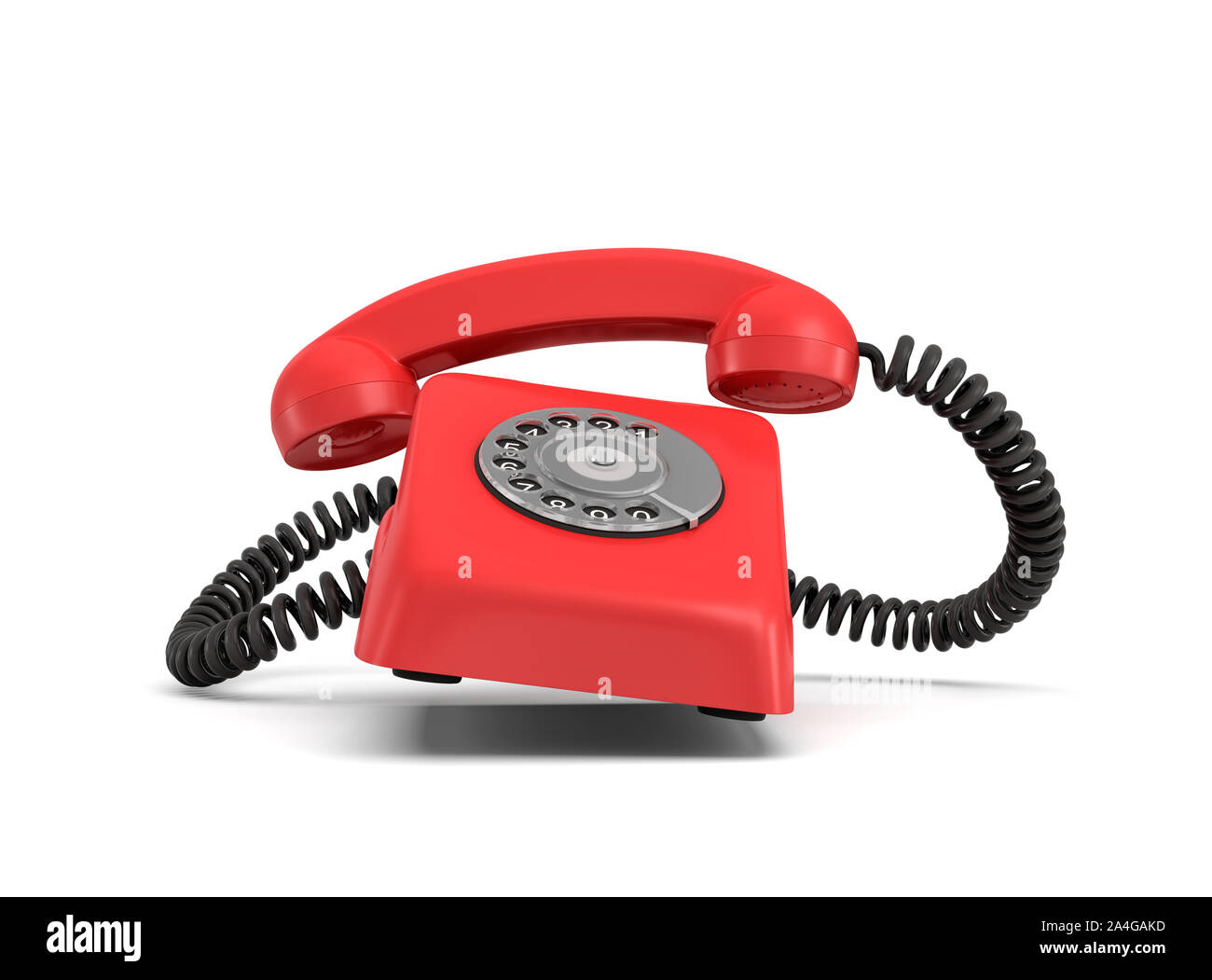3d rendering of a red retro phone with a round rotary dial that rings ...