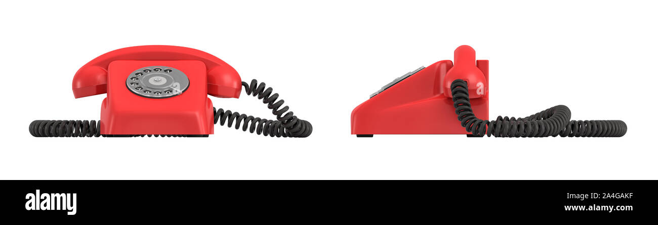 3d rendering of an old-fashioned rotary phone in front and side view on ...