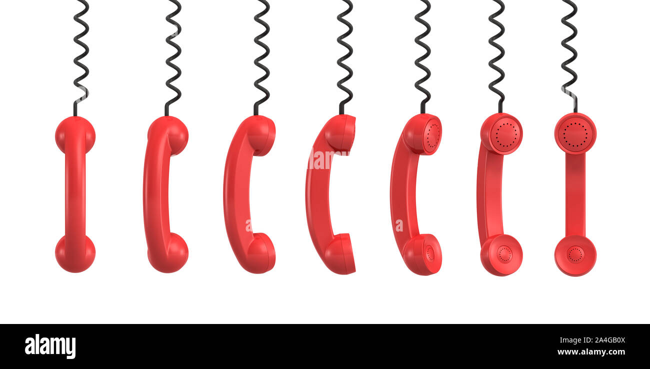 3d rendering of several red retro phone receivers hanging from their ...