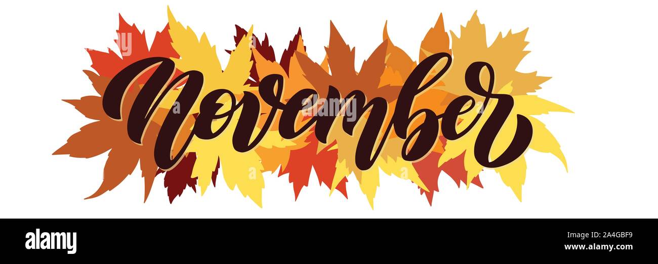 November, vector script with decorative maple leaves elements. Hand ...