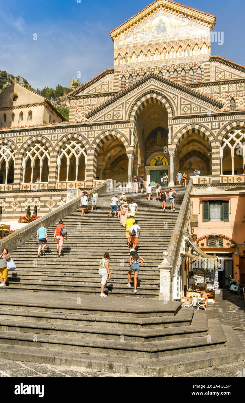 AMALFI, ITALY - AUGUST 2019: People climbing the steps of the Cathedral ...