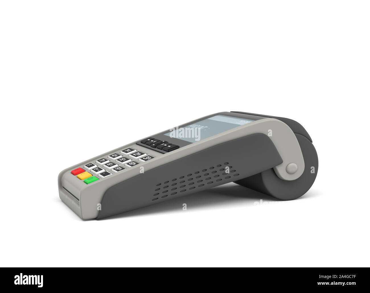 3d rendering of an empty POS-terminal with a screen showing a lettering ...