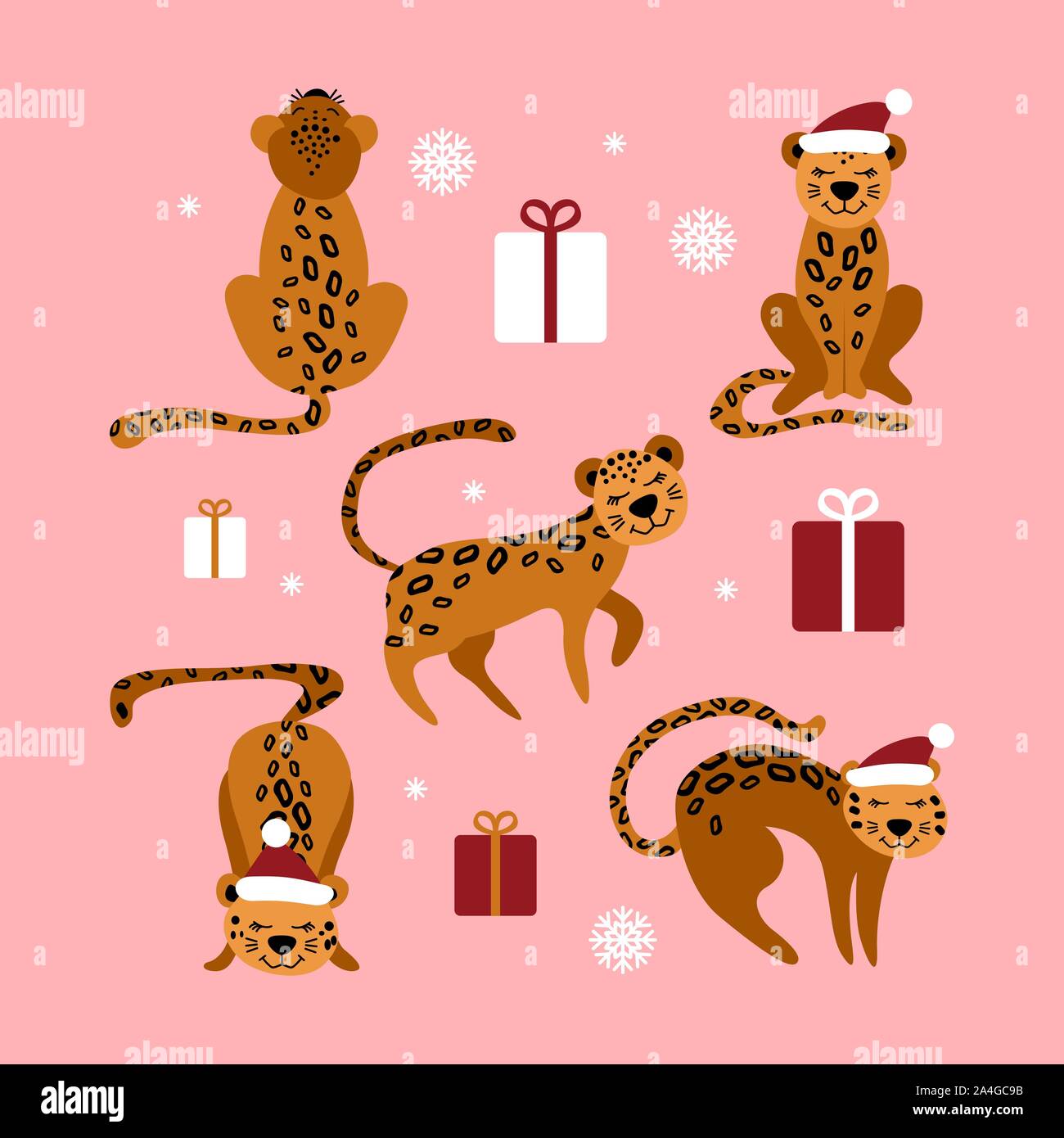 Christmas set of cute cartoon leopards. Funny african animals with ...