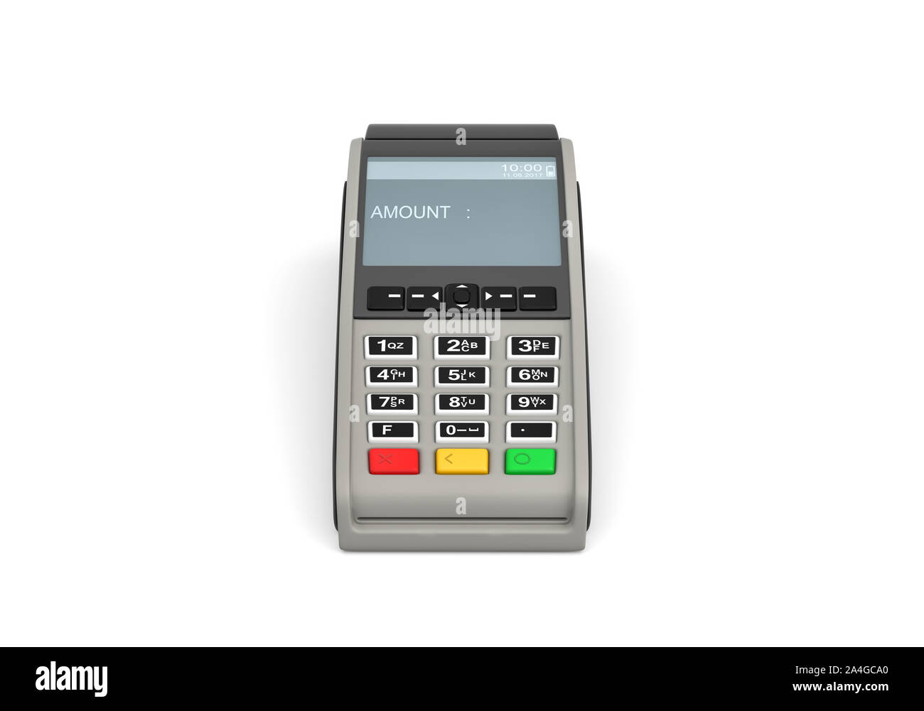 3d rendering of an empty POS-terminal with a screen showing a lettering ...
