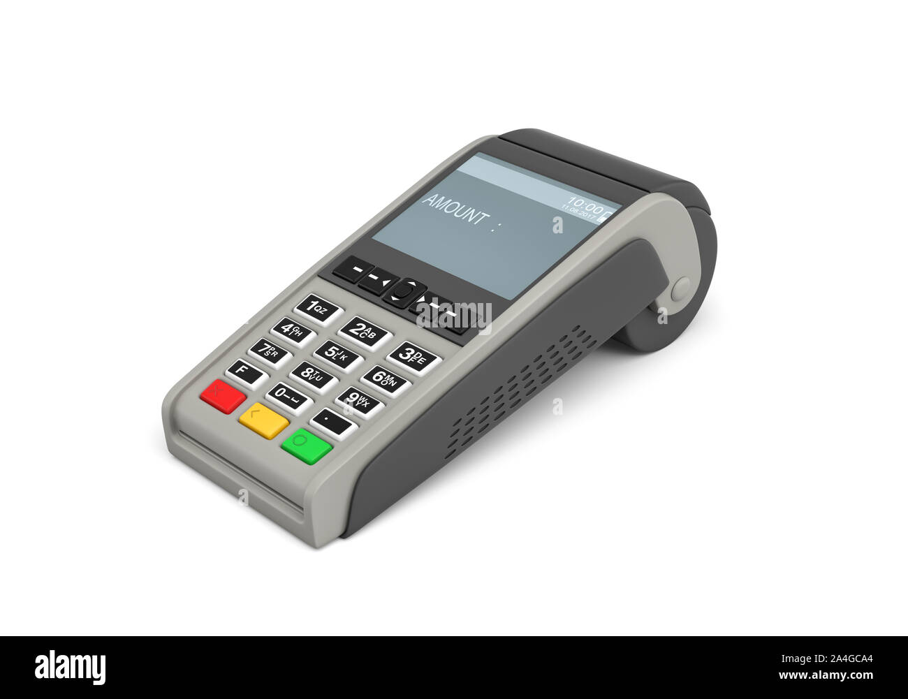 3d rendering of an empty POS-terminal with a screen showing a lettering ...