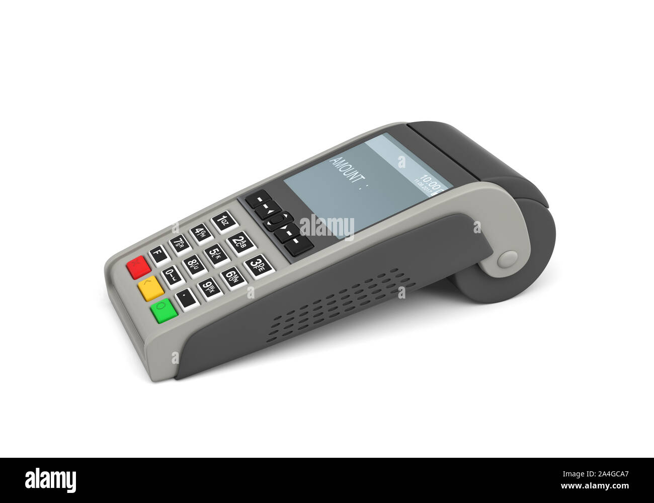 3d rendering of an empty card payment terminal in side view isolated on ...