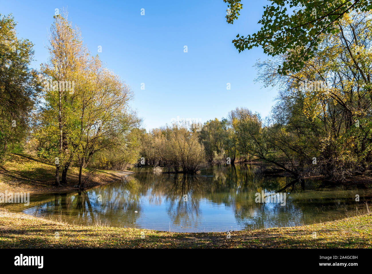 Beautiful autumn landscape of a lake in Bundek city park, Zagreb ...