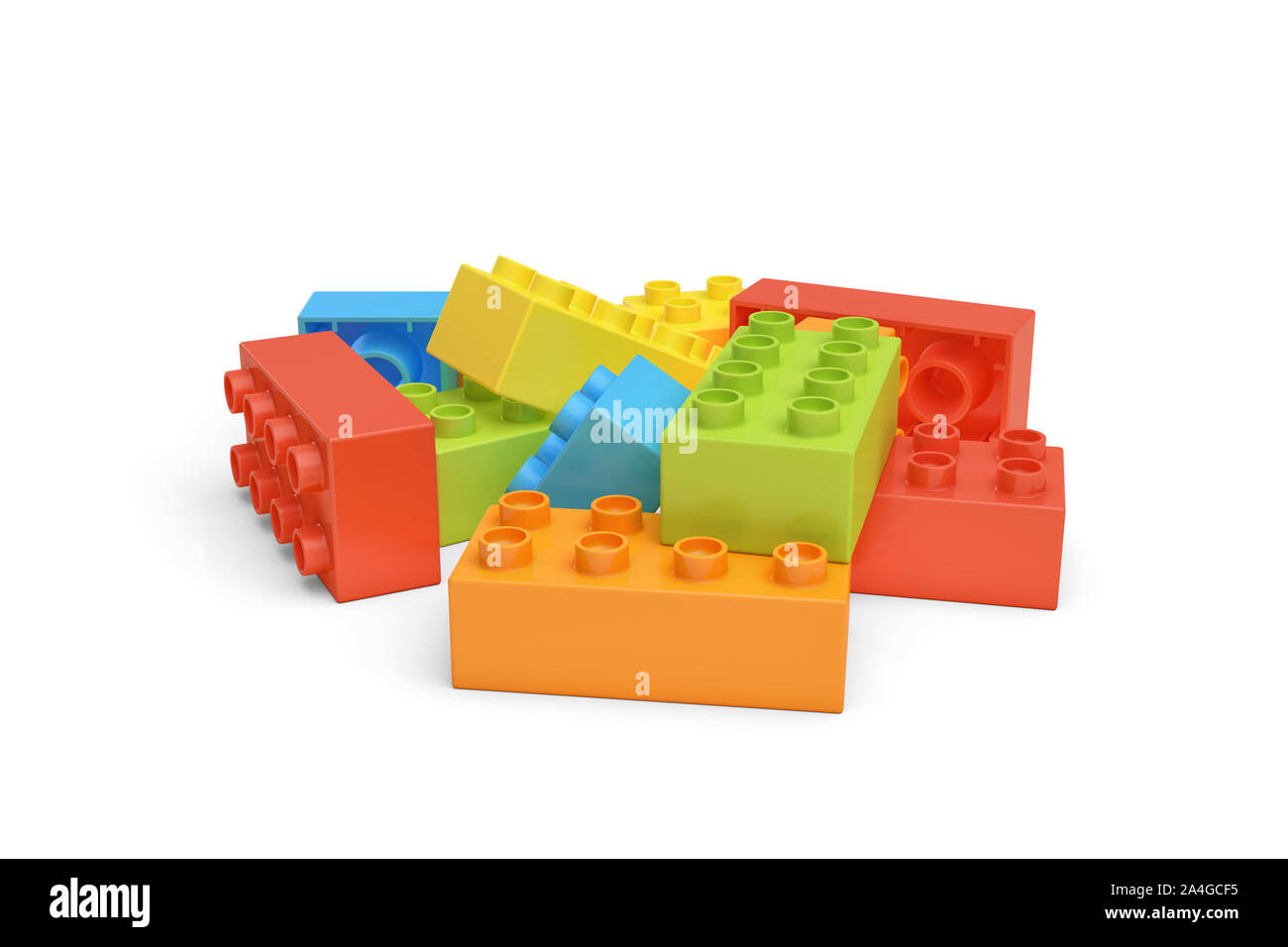 3d rendering of several colorful toy bricks lying on white background ...