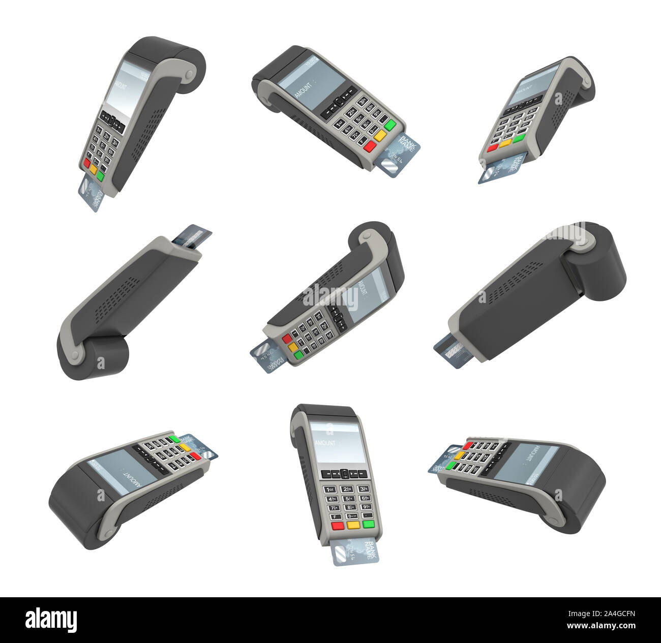 3d rendering of many POS terminals hanging on white background in ...
