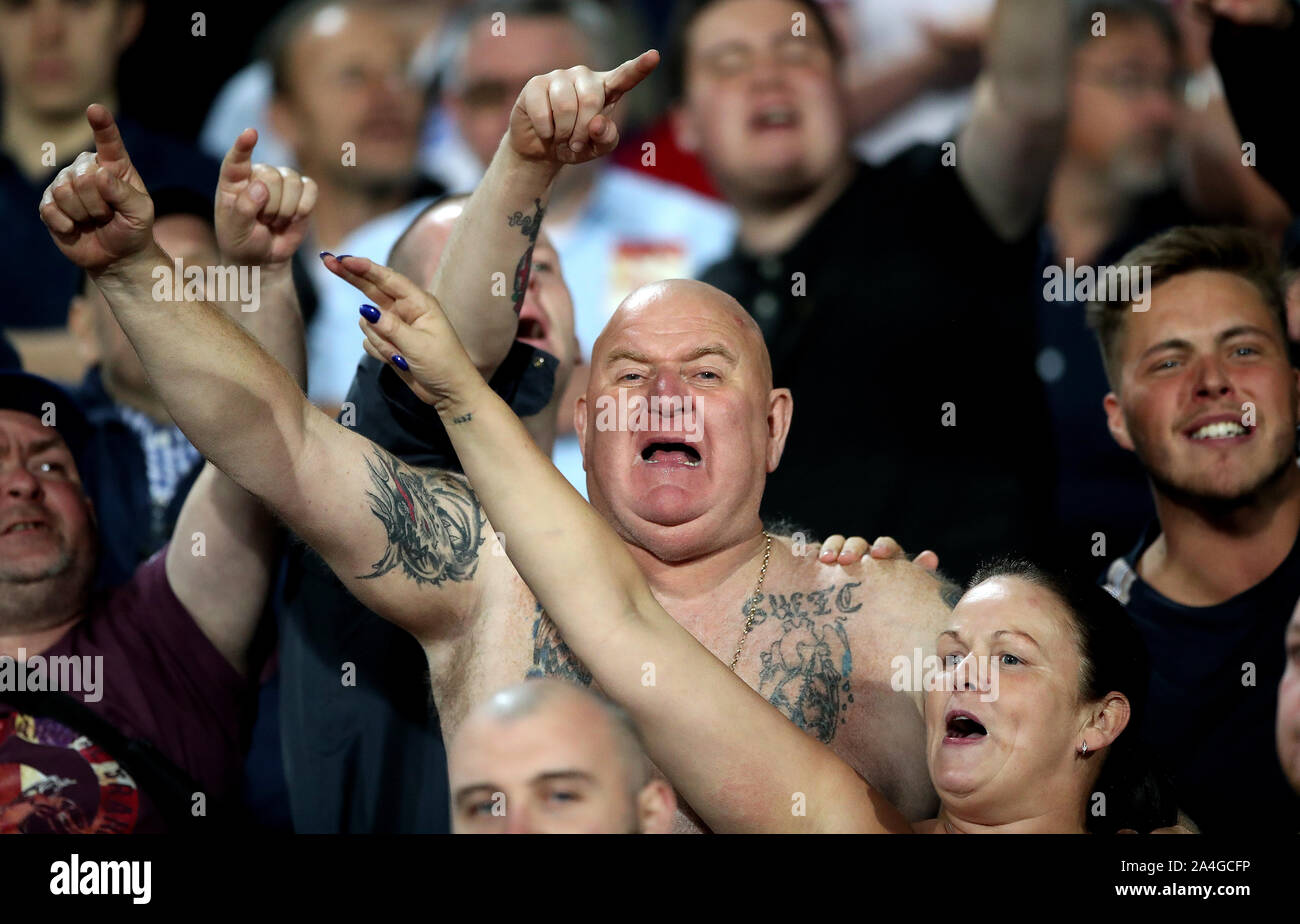Fans gesture in the stands during the UEFA Euro 2020 Qualifying match ...