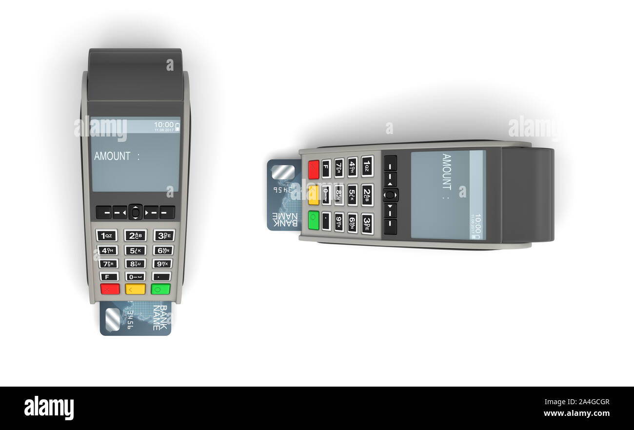 3d rendering of two POS terminals in top view with generic plastic ...