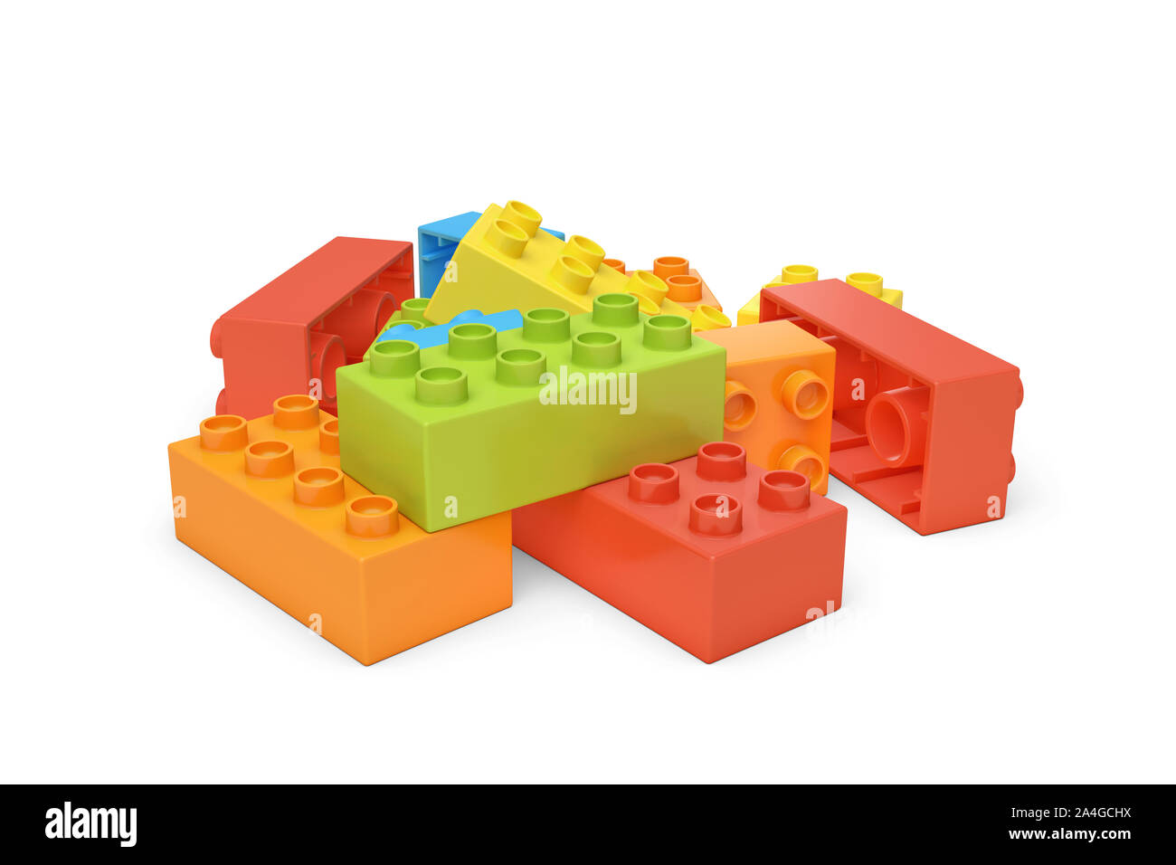 3d rendering of several colorful toy bricks lying on white background ...