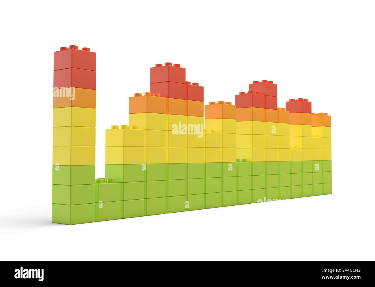 3d rendering of multi-colored toy bricks making up high uneven towers ...
