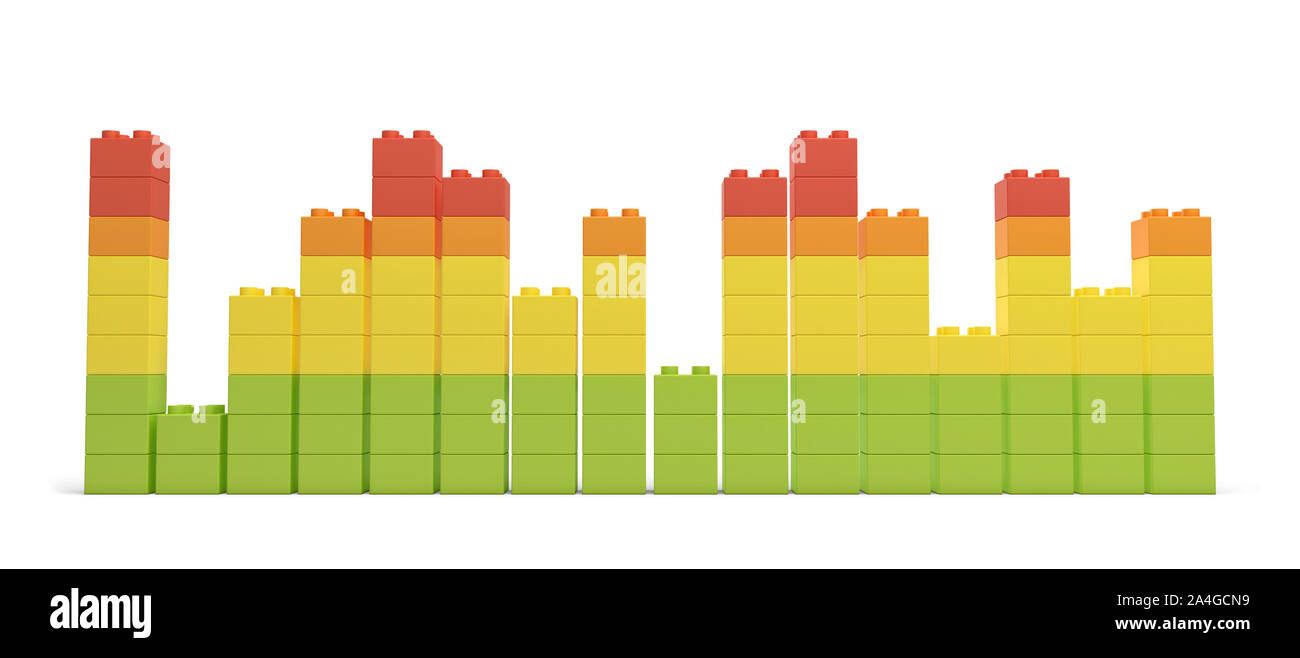 3d rendering of multi-colored toy bricks making up high uneven towers ...