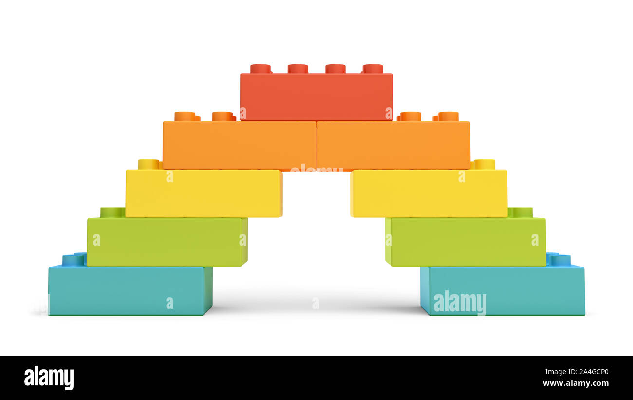 3d rendering of multi-colored toy blocks making up a rainbow bridge ...