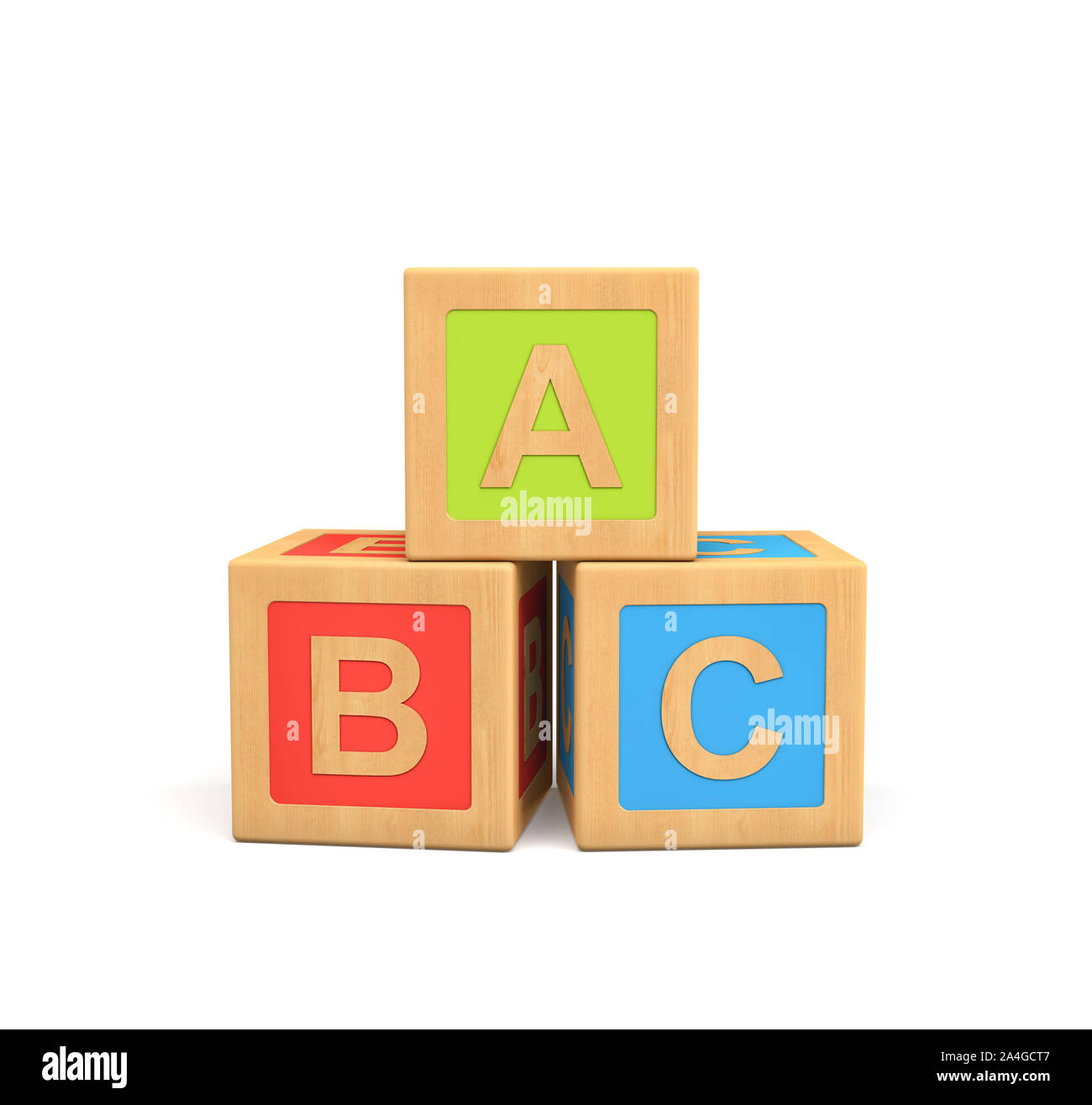 3d rendering of three wooden toy cubes with ABC lettering isolated on ...