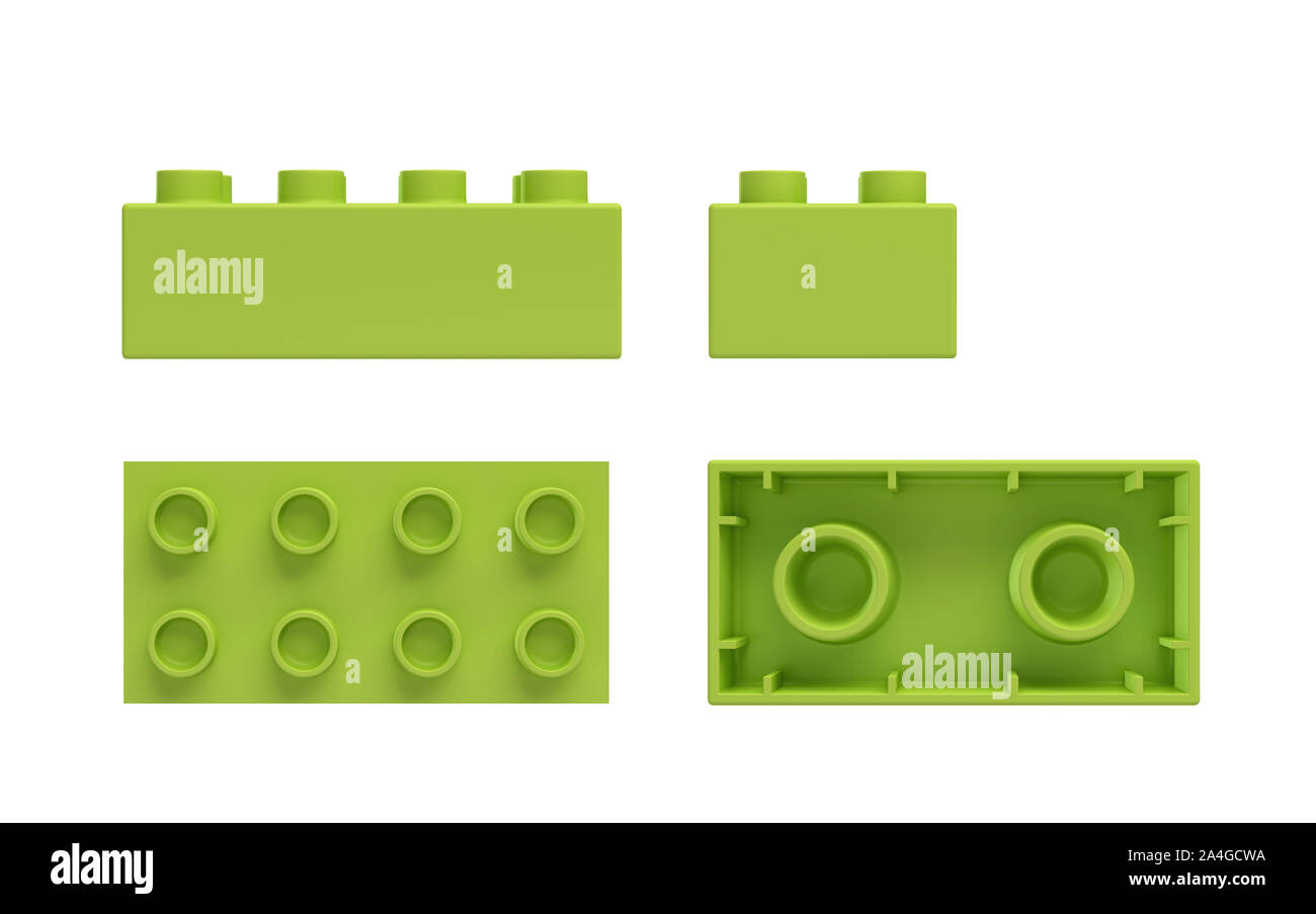 3d rendering of a green toy block shown from side, front and bottom ...
