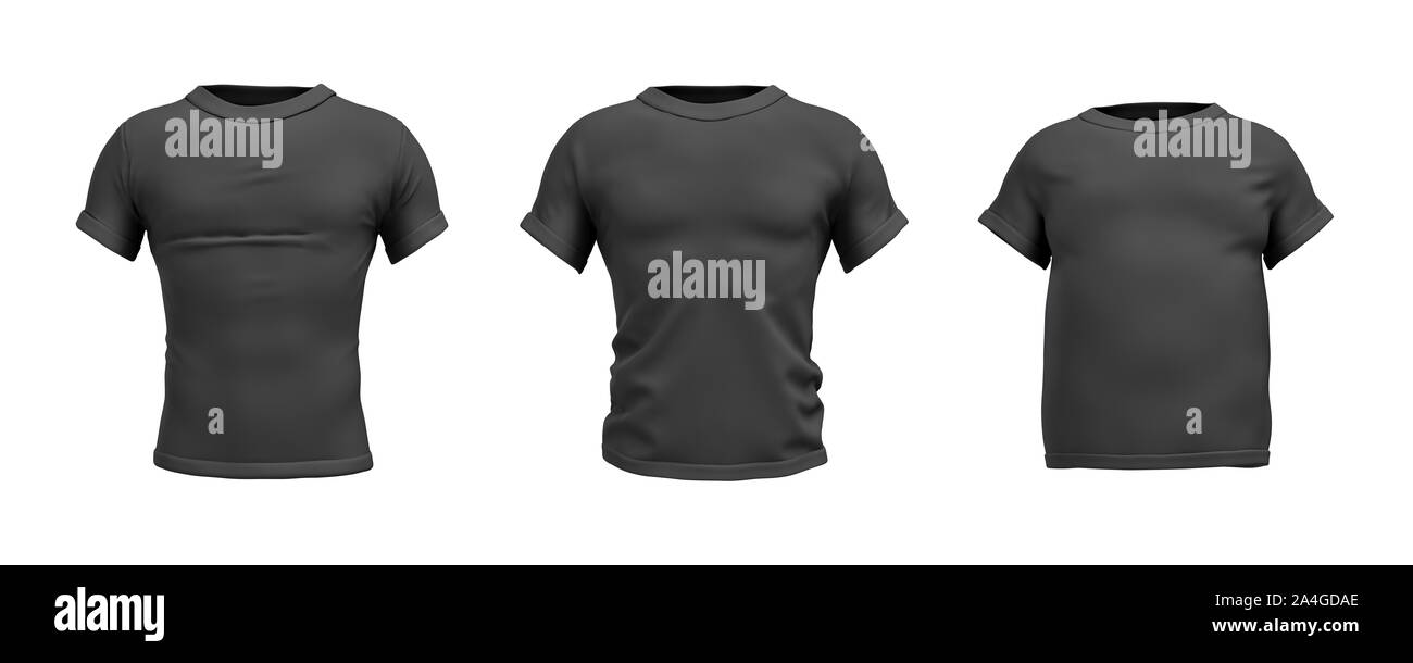 3d rendering of a black T-shirt in realistic slim, muscular and fat ...
