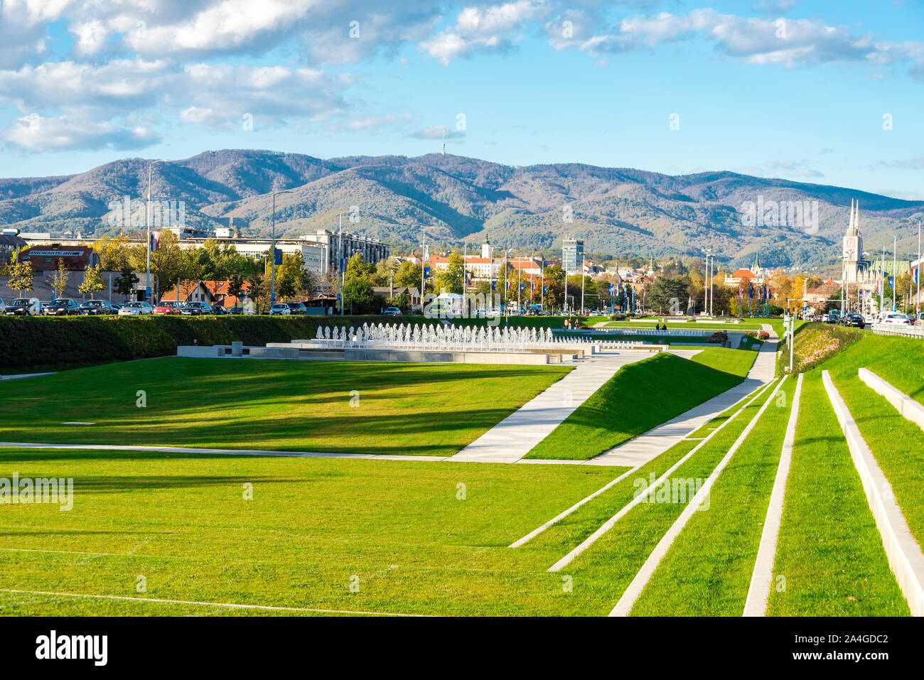 Fountains and green grass terraces in southern part of Zagreb, Croatia ...