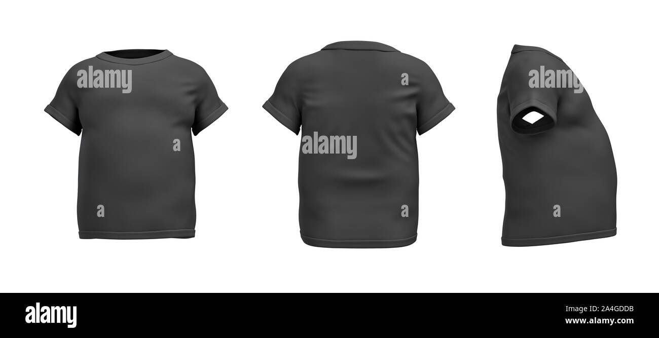 3d rendering of a black T-shirt in realistic fat shape in side, front ...