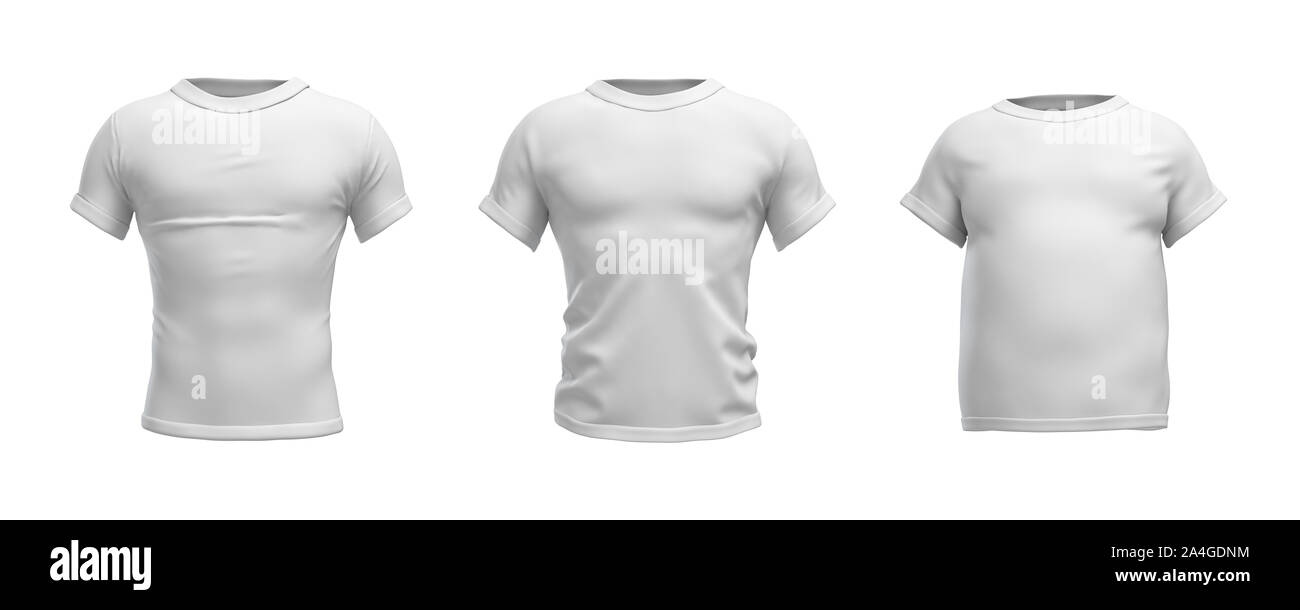 3d rendering of a white T-shirt in realistic slim, muscular and fat ...