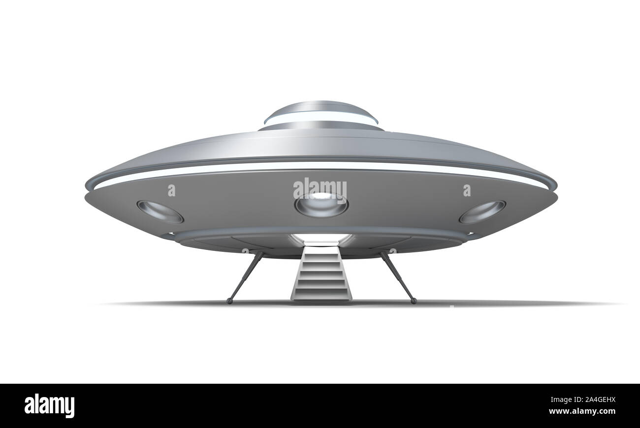 3d rendering of a UFO standing on the ground with its hatch open and ...
