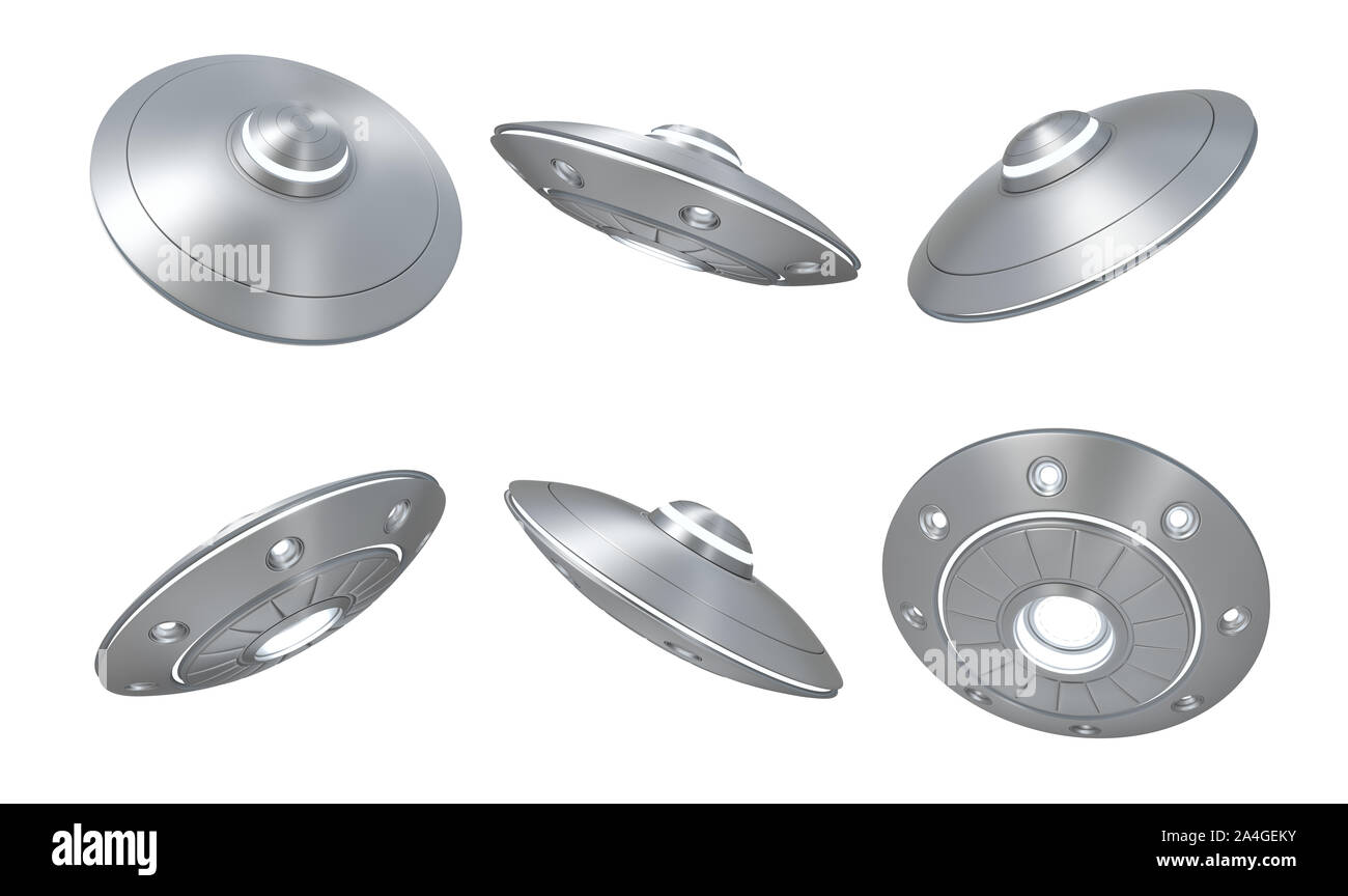 3d rendering set of silver metal ufo isolated on white background Stock ...