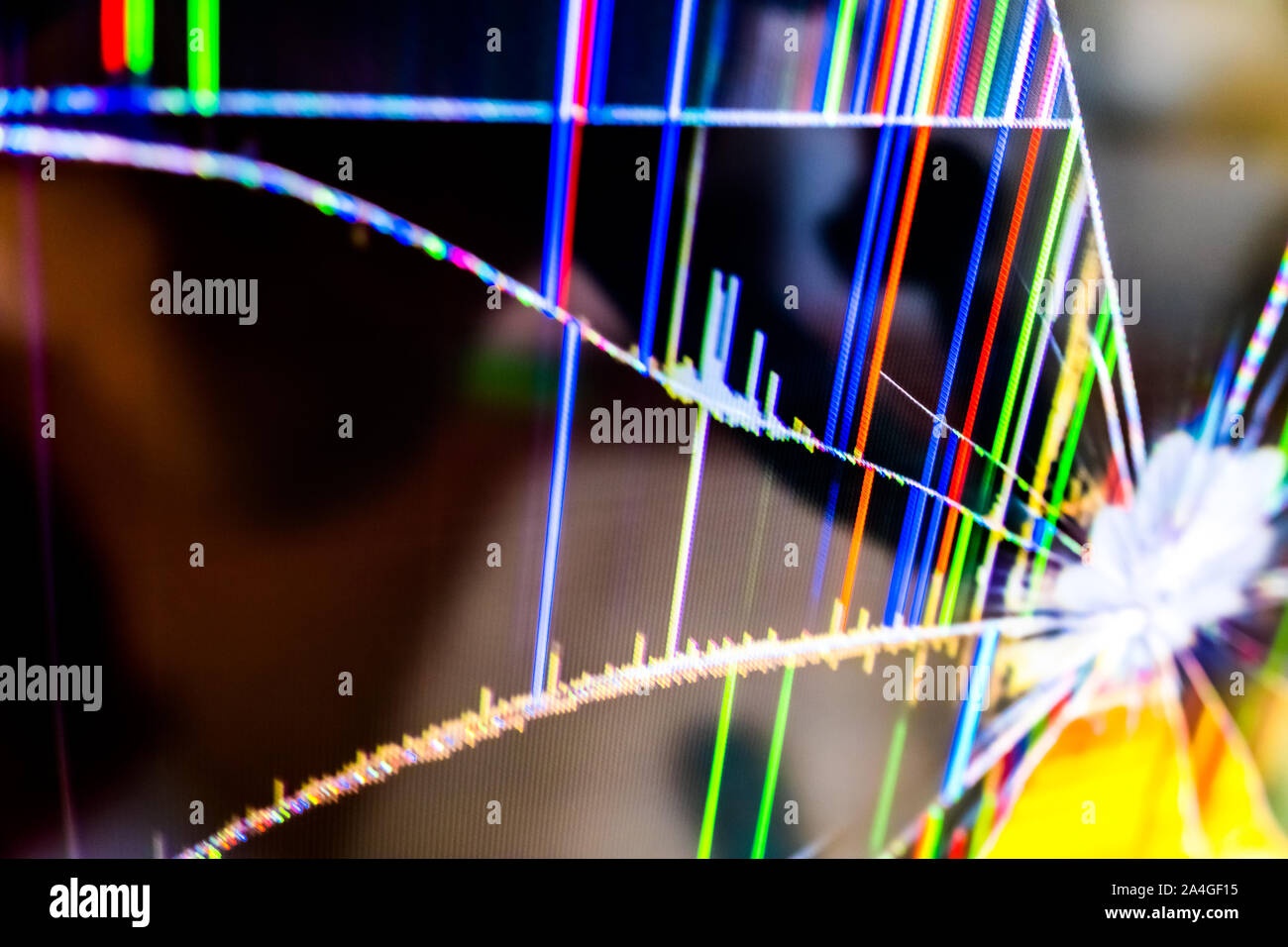 Broken led screen hit by a hammer, with many background colors while it ...