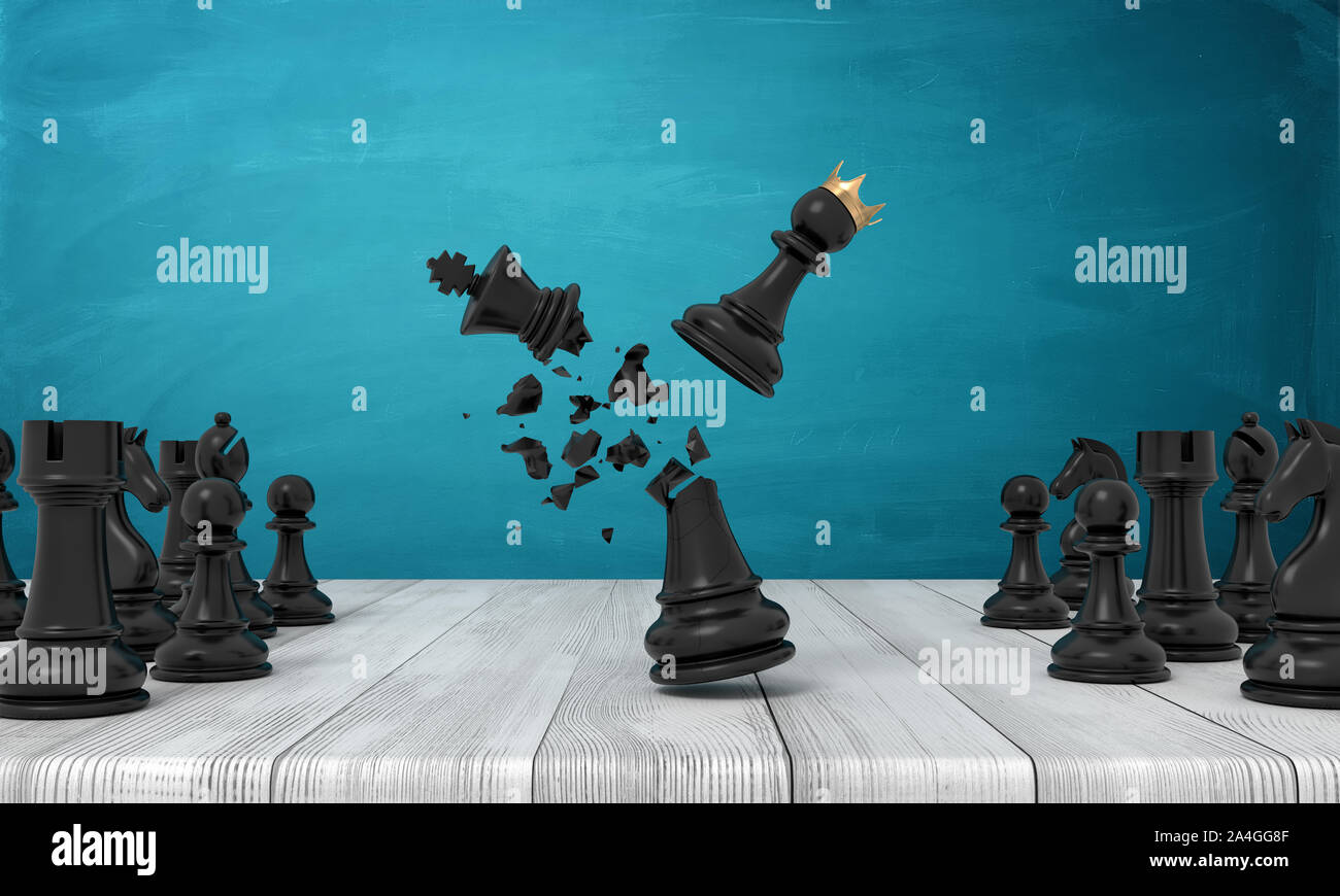 3d rendering of a wooden desk with a small crowned chess pawn hitting a ...