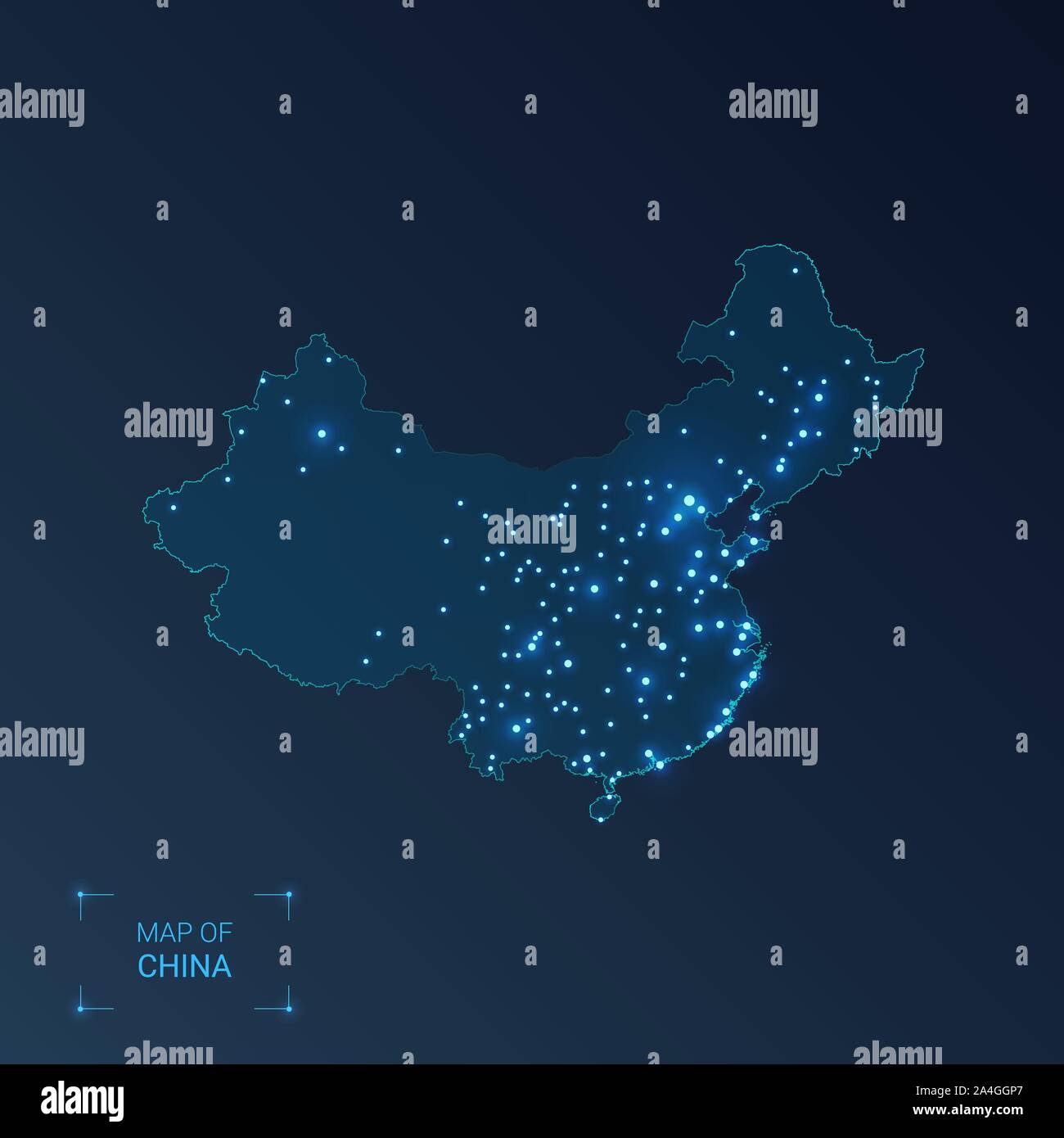 China map with cities. Luminous dots - neon lights on dark background ...