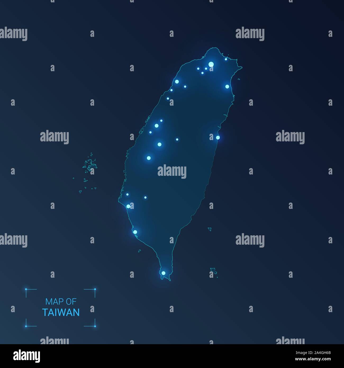 Taiwan map with cities. Luminous dots - neon lights on dark background ...