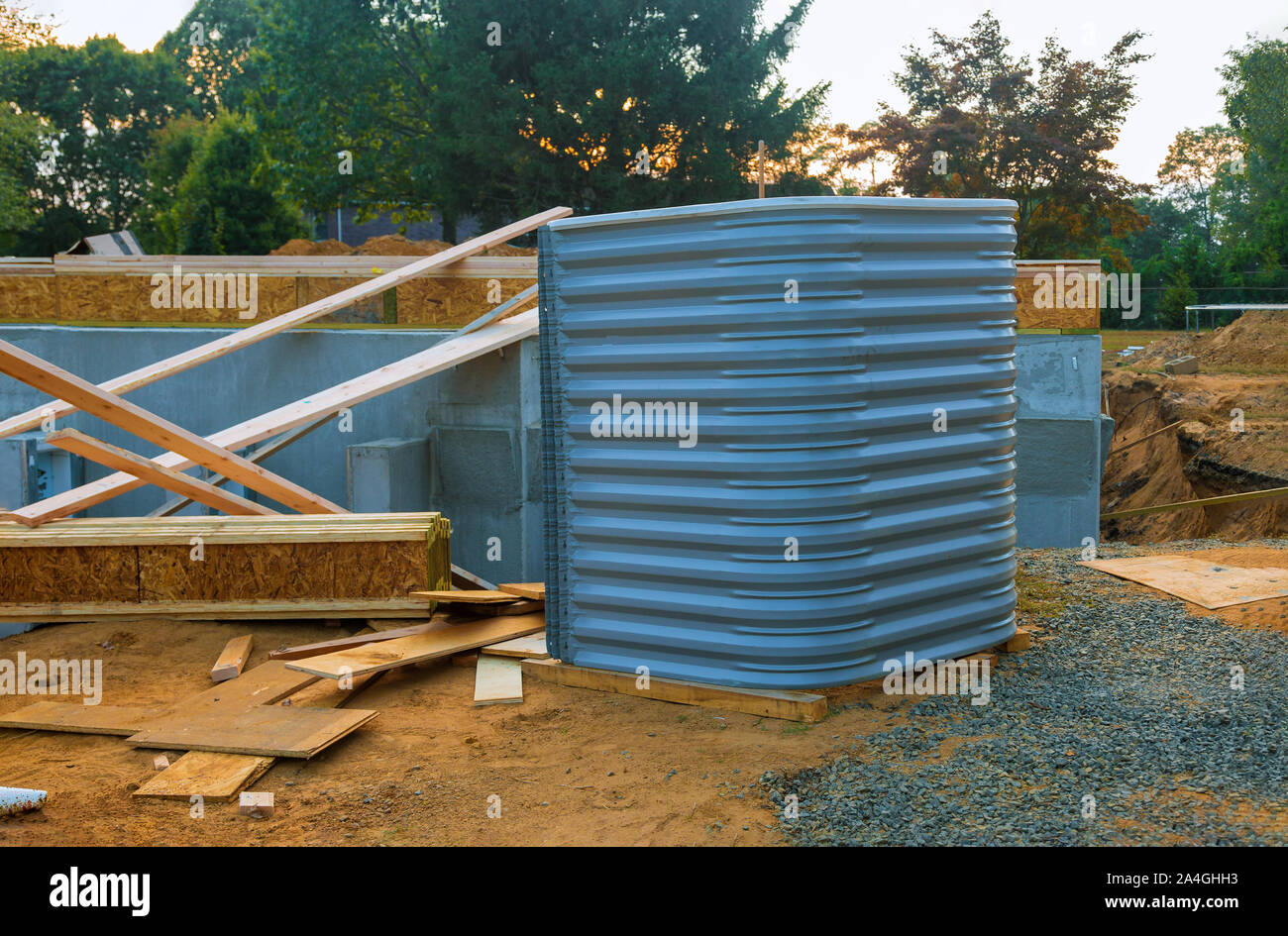 Building window well basement for new wood materials under construction ...