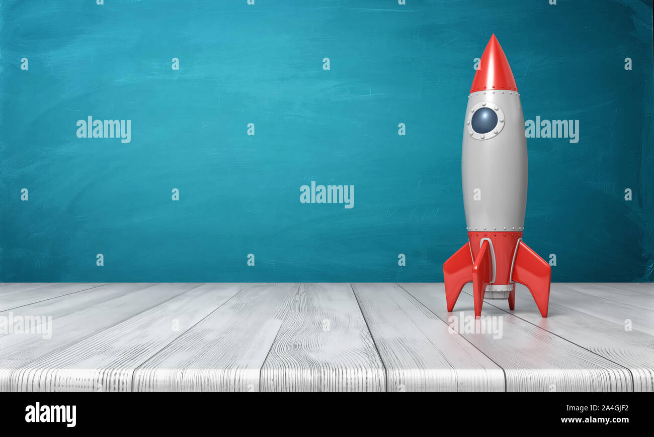 3d rendering of a red and silver realistic model of a retro rocket ...