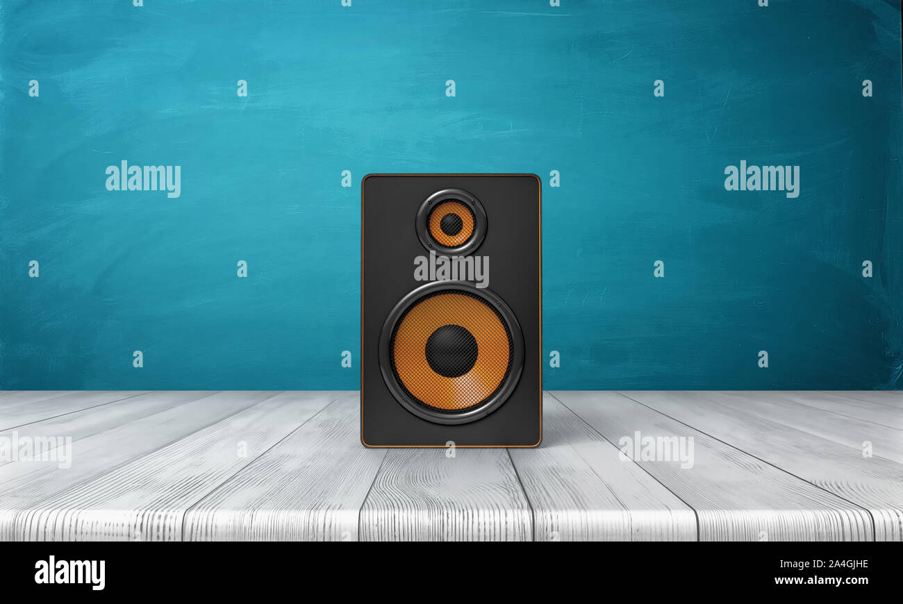 3d rendering of a one black speaker box with orange trim standing on a ...