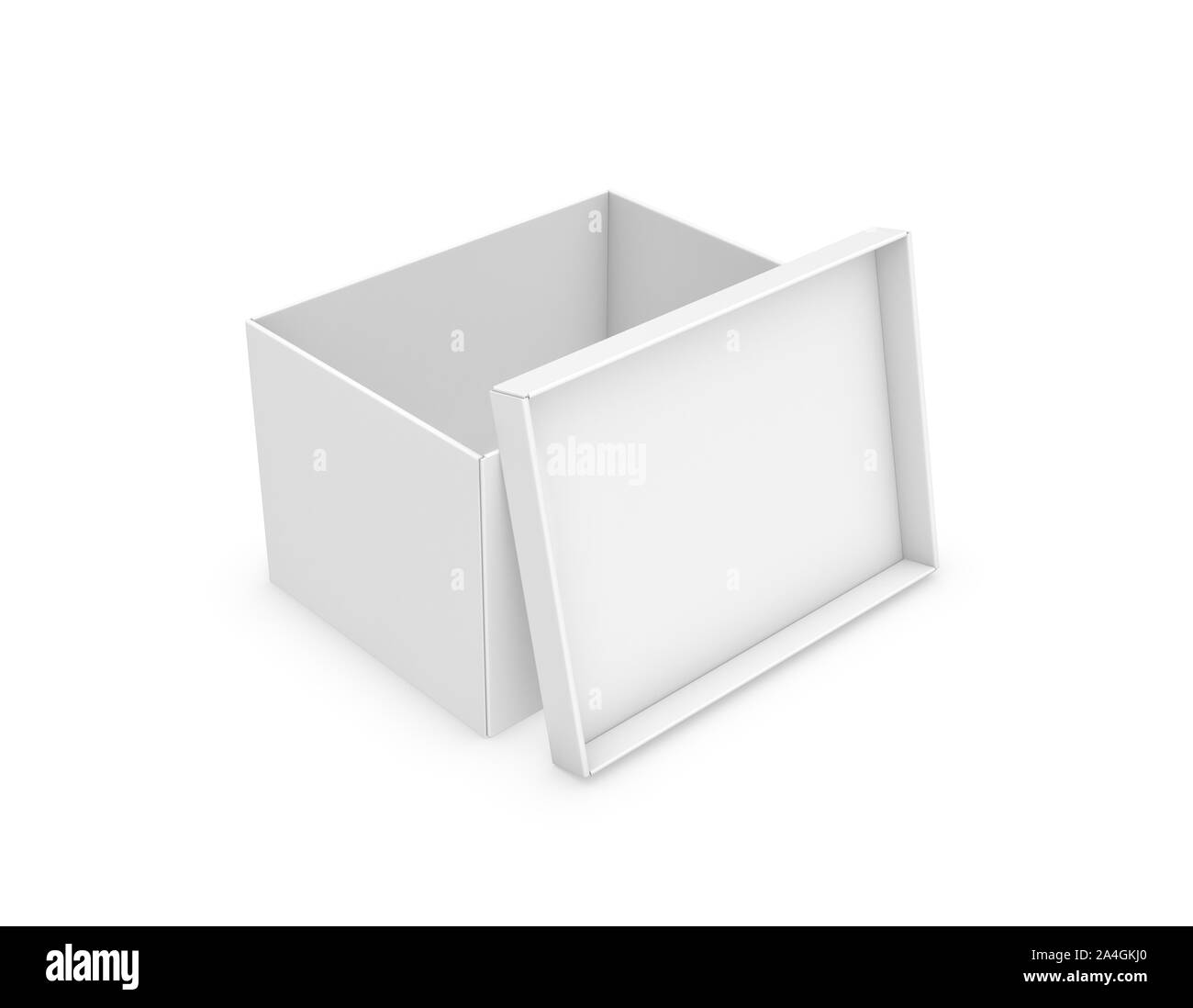 3d rendering of a white rectangle box with a lid leaning on its side on ...