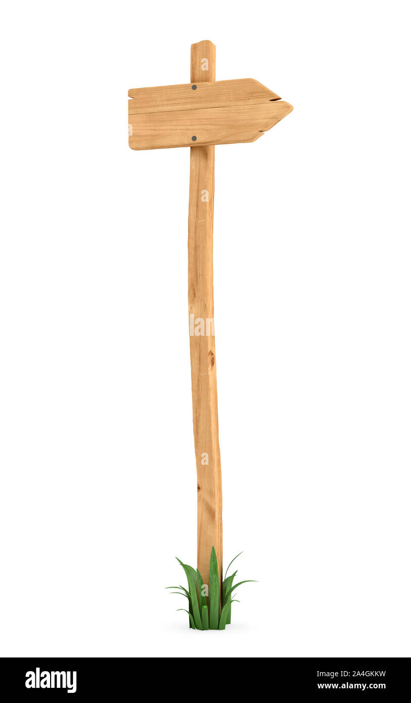 3d rendering of a directional post with one arrow plank sign and grass ...