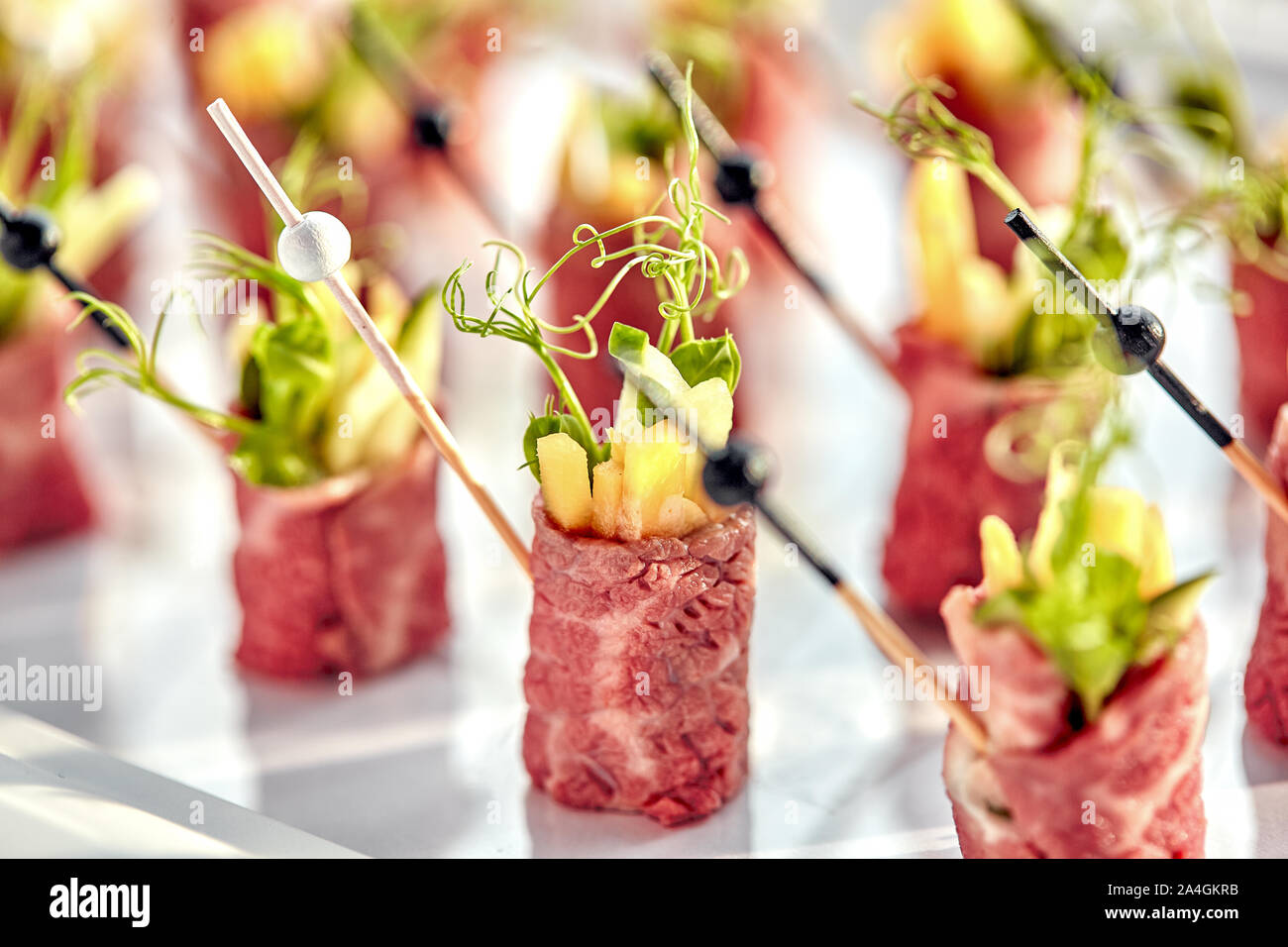 Delicious canapes beef with pineapple. Concept of food, restaurant ...